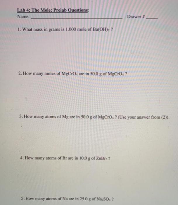 Solved Lab 4: The Mole: Prelab Questions: Name: Drawer # 1. | Chegg.com