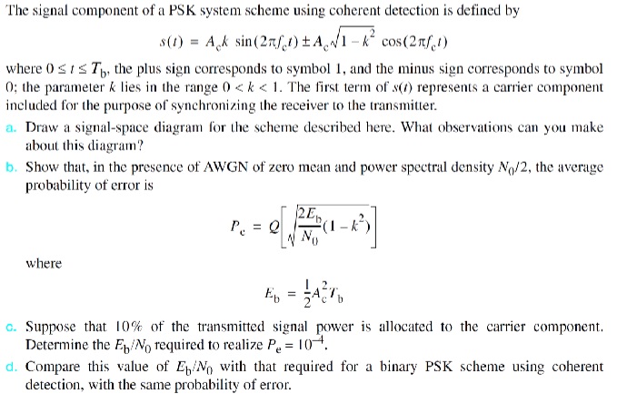 Solved The signal component of a PSK system scheme using | Chegg.com