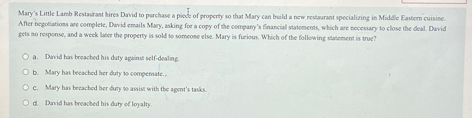 Solved Mary's Little Lamb Restaurant hires David to purchase | Chegg.com