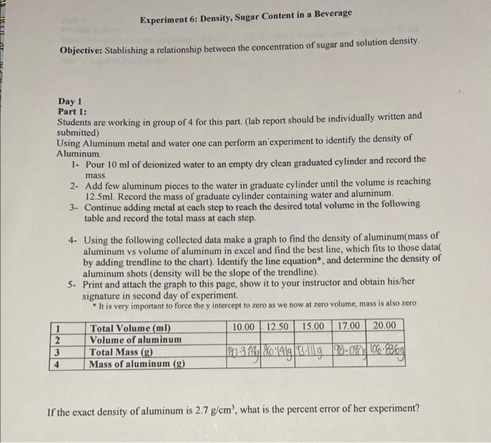 Experiment 6: Density, Sugar Content in a Beverage | Chegg.com