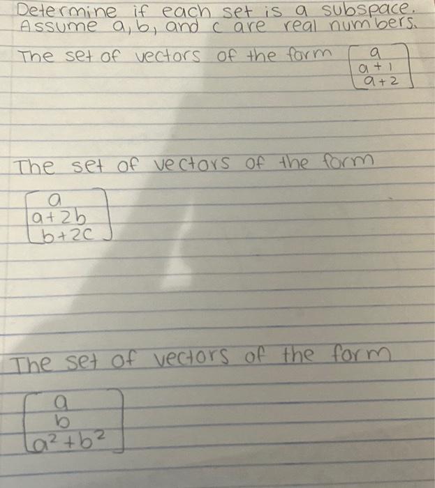 Solved Determine if each set is a subspace. Assume a,b, and | Chegg.com