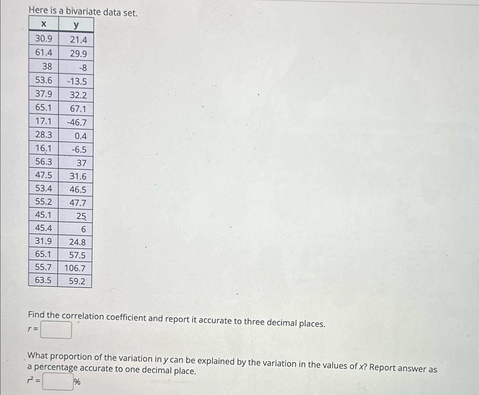 Solved Here is a bivariate data set.\table[[x,y | Chegg.com