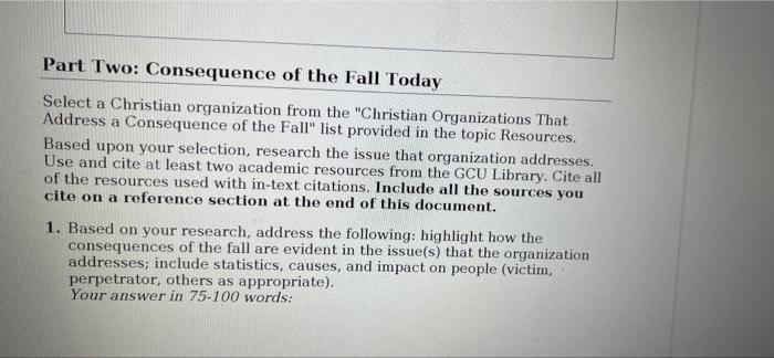 Part Two: Consequence of the Fall Today Select a | Chegg.com