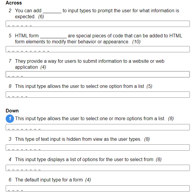 Across2 ﻿You can addto input types to prompt the user | Chegg.com