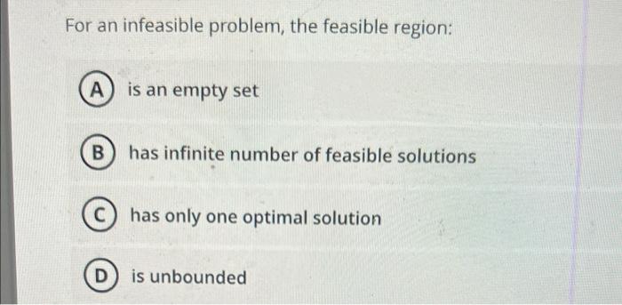 Solved For an infeasible problem, the feasible region: is an | Chegg.com