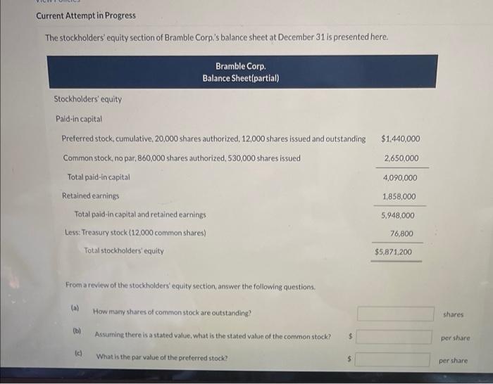 Solved Current Attempt in Progress The stockholders' equity | Chegg.com