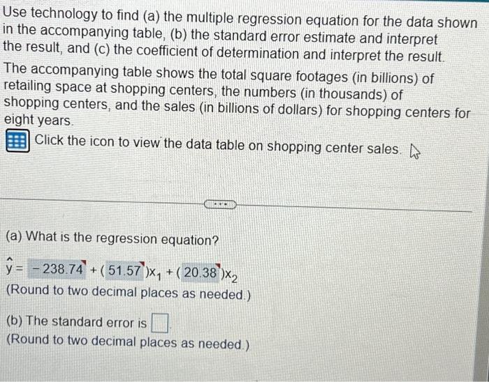 Solved Use technology to find (a) the multiple regression | Chegg.com