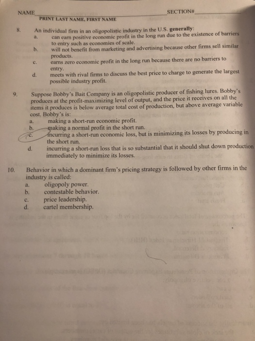 Solved NAME SECTION PRINT LAST NAME, FIRST NAME b. An | Chegg.com