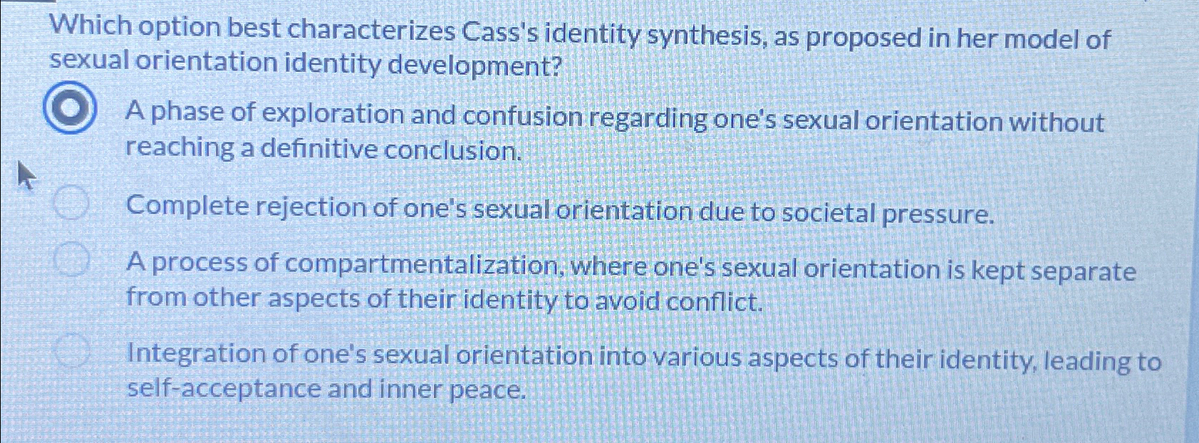 Solved Which option best characterizes Cass's identity | Chegg.com