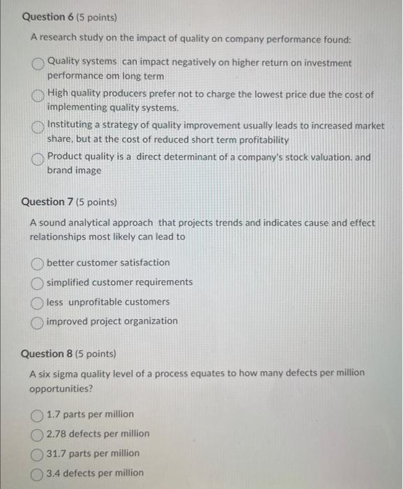 Solved A research study on the impact of quality on company | Chegg.com