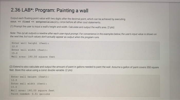 2.36 LAB*: Program: Painting a wall Output each | Chegg.com