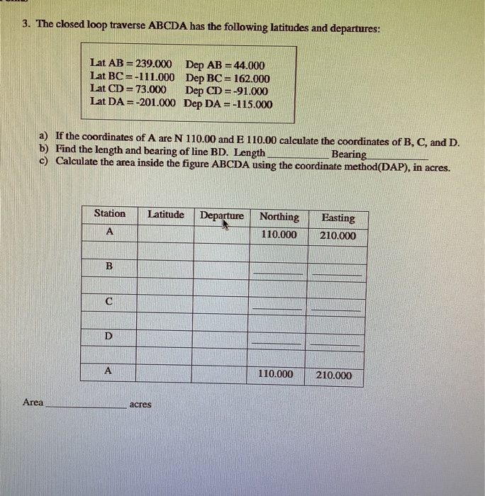Solved 3. The closed loop traverse ABCDA has the following | Chegg.com