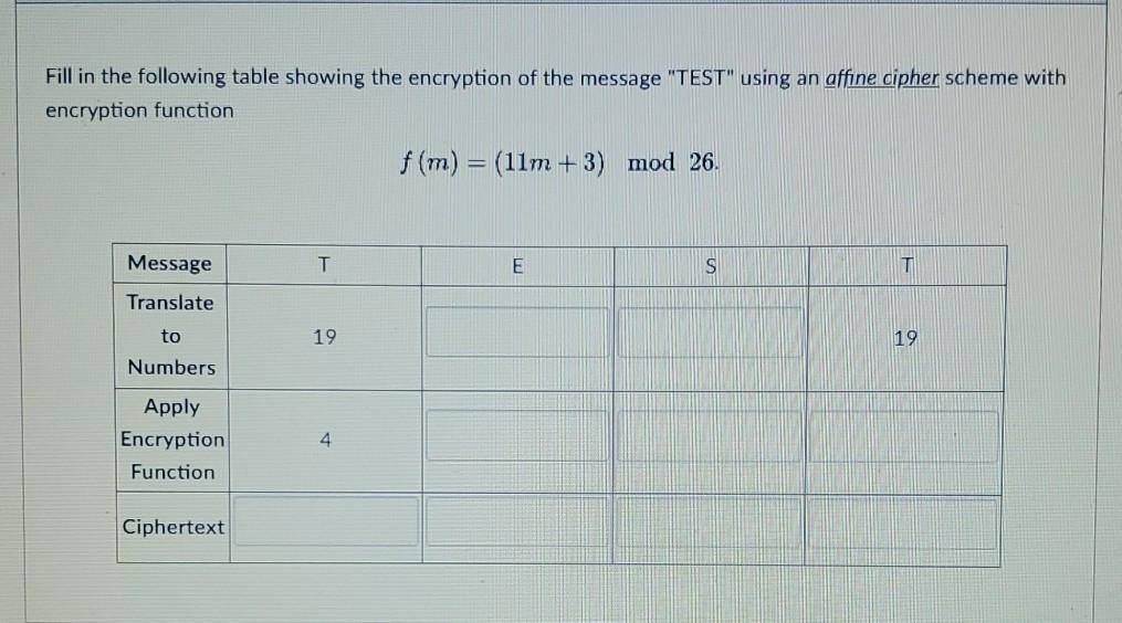 Solved Fill in the following table showing the encryption of | Chegg.com