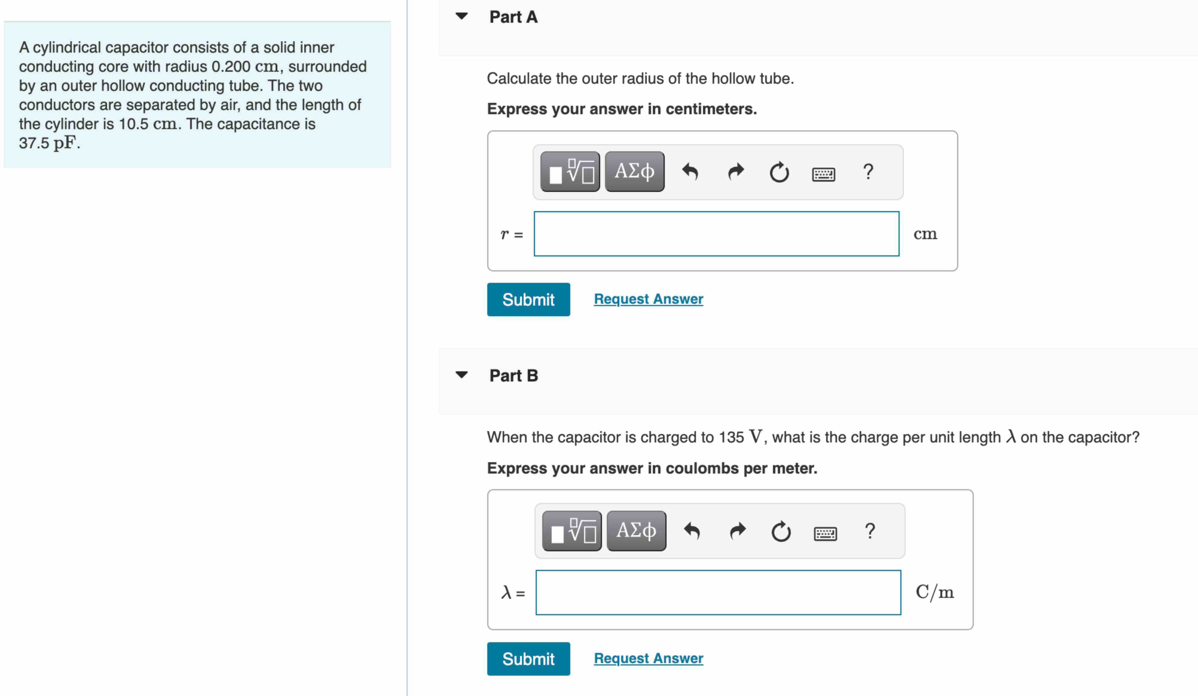 Solved Part AA cylindrical capacitor consists of a solid | Chegg.com