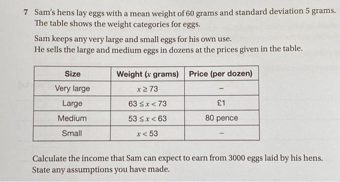 Solved 7 Sam's hens lay eggs with a mean weight of 60 grams | Chegg.com