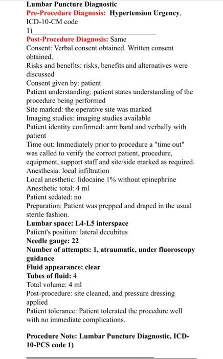 Solved Lumbar Puncture Diagnostic Pre-Procedure Diagnosis: | Chegg.com