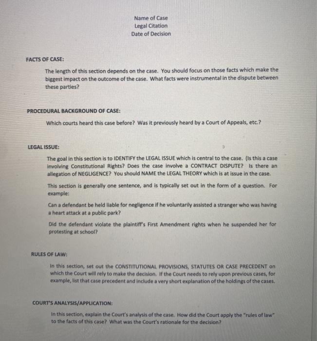 Solved Name of Case Legal Citation Date of Decision FACTS OF | Chegg.com