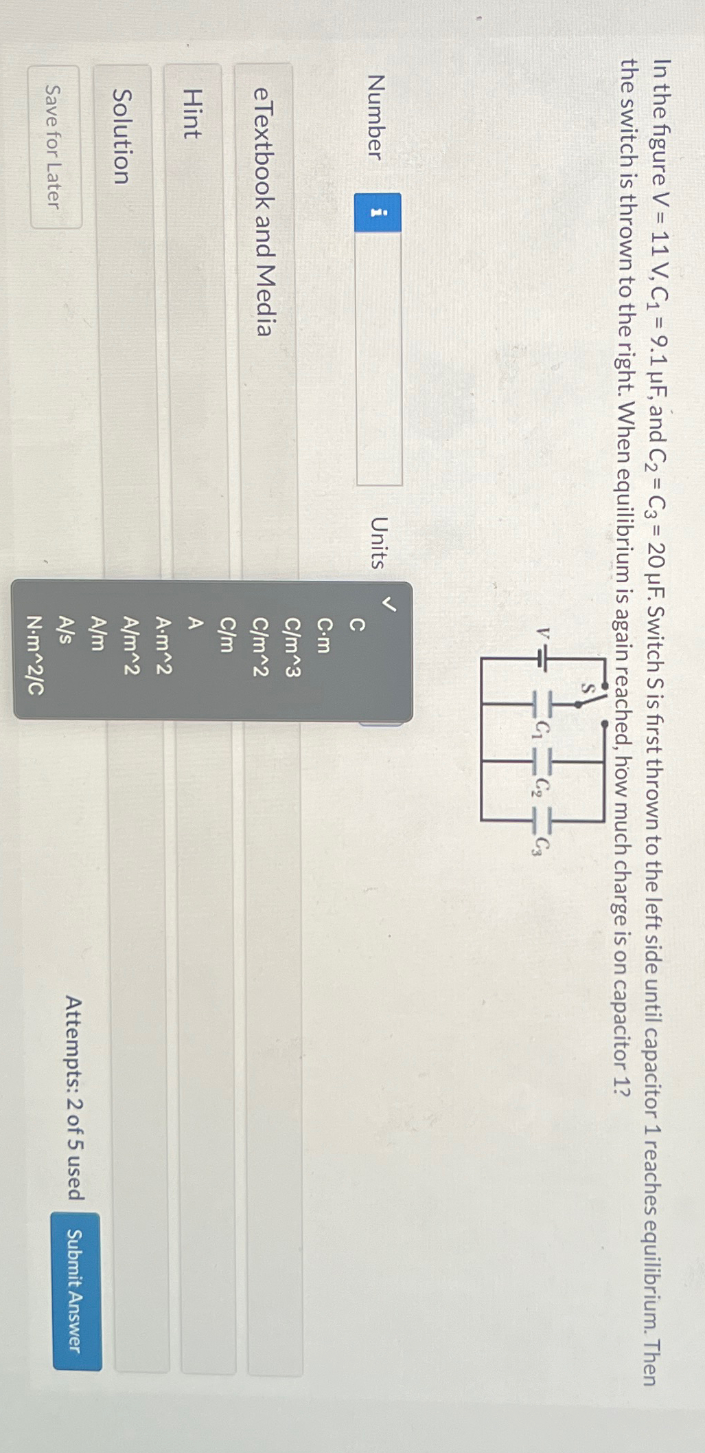 Solved In the figure V=11V,C1=9.1μF, ﻿and C2=C3=20μF. | Chegg.com