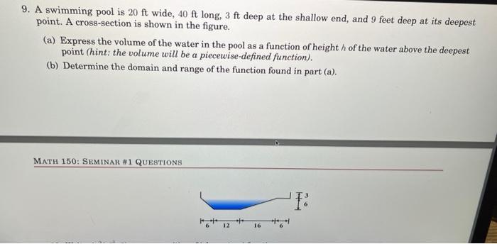 Solved 9. A swimming pool is 20ft wide, 40ft long, 3ft deep | Chegg.com