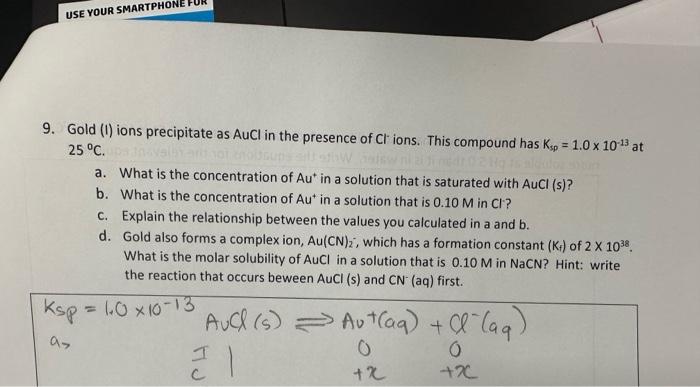Solved 9. Gold (I) ions precipitate as AuCl in the presence | Chegg.com