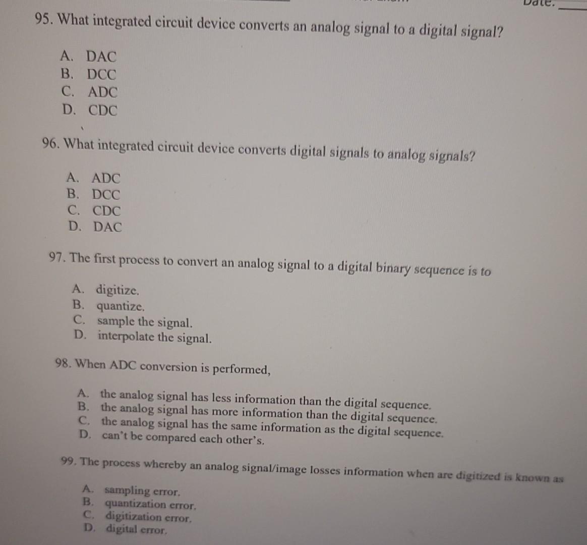 Solved 95. What integrated circuit device converts an analog | Chegg.com
