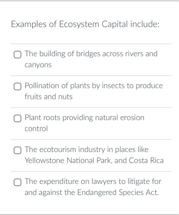Solved Examples of Ecosystem Capital include: The building | Chegg.com
