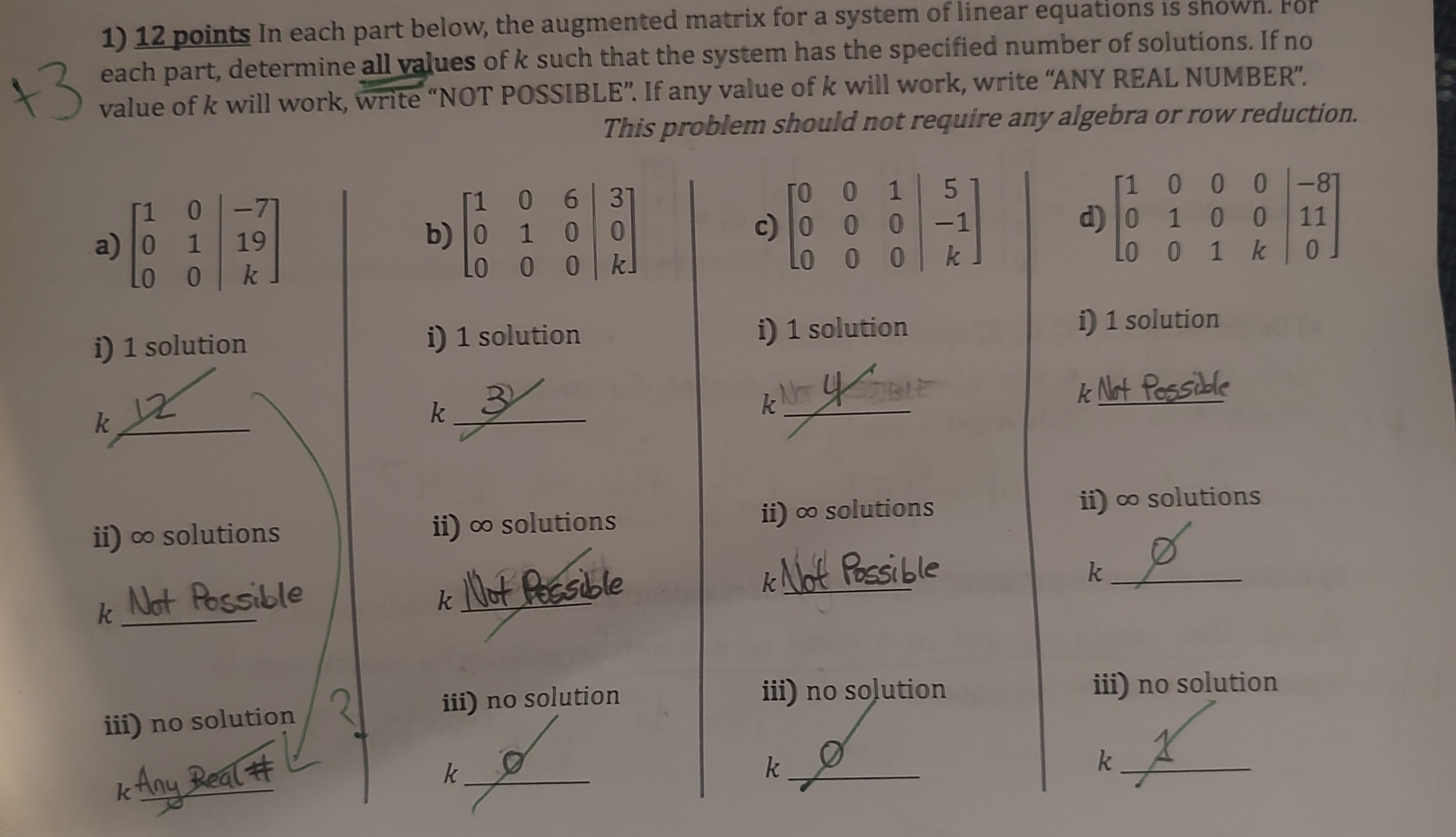 12 ﻿points In each part below, the augmented matrix | Chegg.com