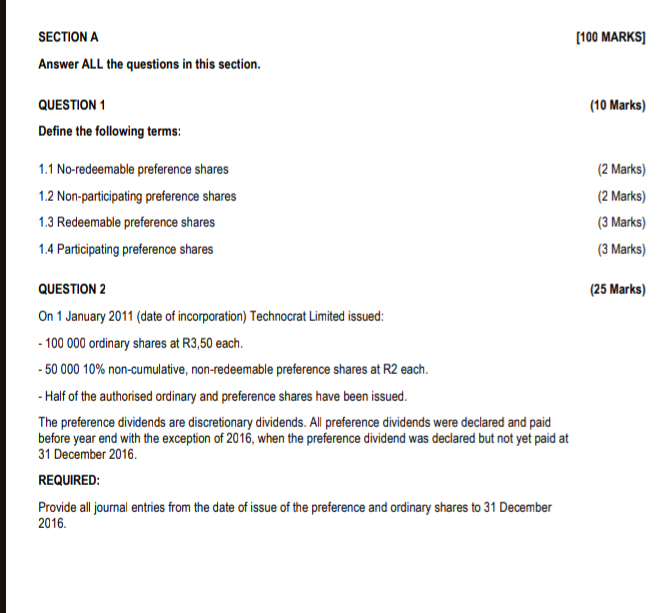 Solved SECTION A[100 ﻿MARKS]Answer ALL the questions in this | Chegg.com