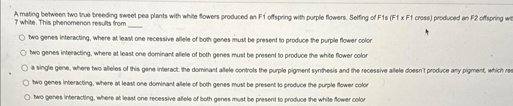 Solved A mating between two true breeding sweet pea plants | Chegg.com