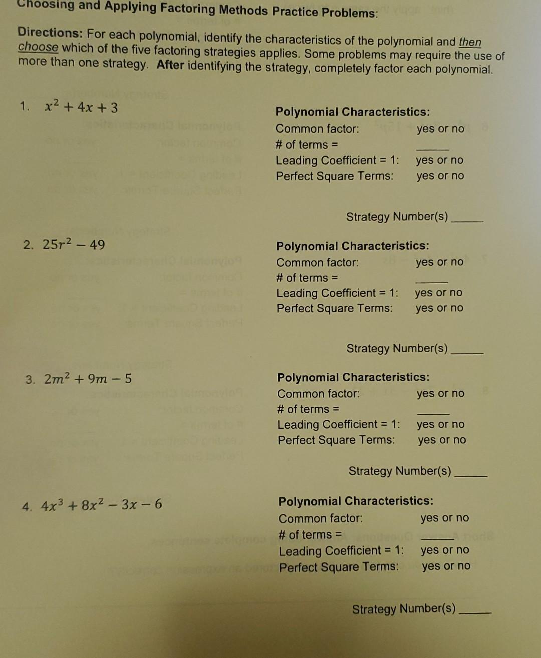 Solved Choosing and Applying Factoring Methods Practice | Chegg.com