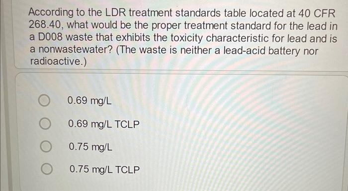 Solved According to the LDR treatment standards table | Chegg.com