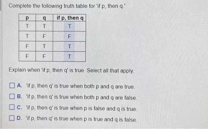 Solved Complete The Following Truth Table For If P Then