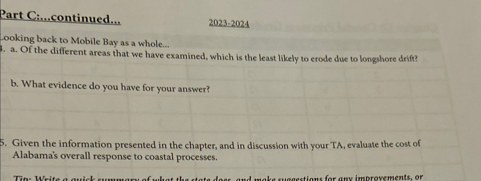 Solved Part C:...continued...2023-2024Looking back to Mobile | Chegg.com