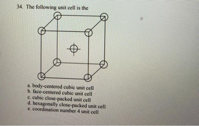 Solved 34. The following unit cell is the X a, body-centered | Chegg.com