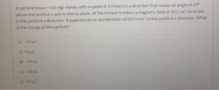 Solved A particle (mass = 6.0 mg) moves with a speed of 4.0 | Chegg.com