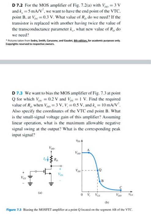 Solved D 7.2 For the MOS amplifier of Fig. 7.2(a) with VDb=3 | Chegg.com