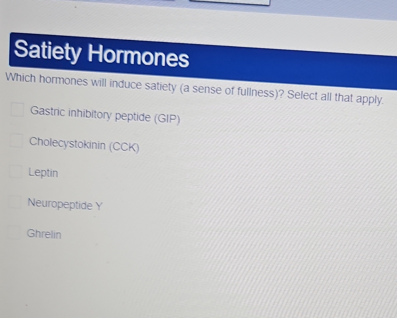 Solved Satiety HormonesWhich homones will induce satiety (a | Chegg.com