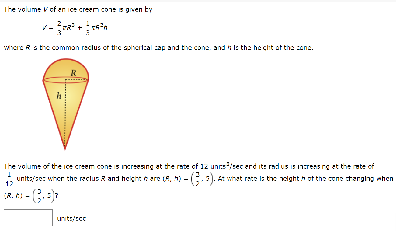 Solved The volume V ﻿of an ice cream cone is given | Chegg.com