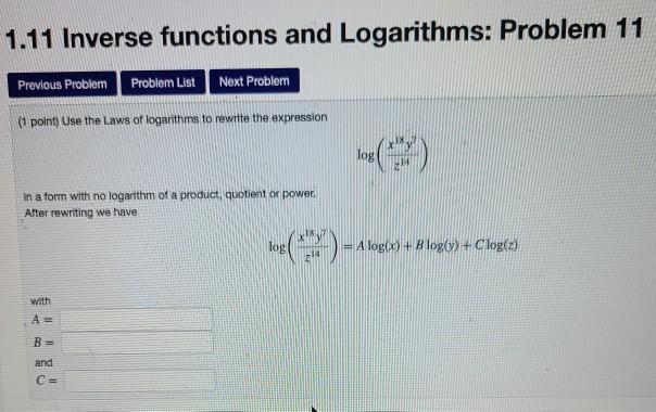 Solved ..11 Inverse functions and Logarithms: P Previous | Chegg.com