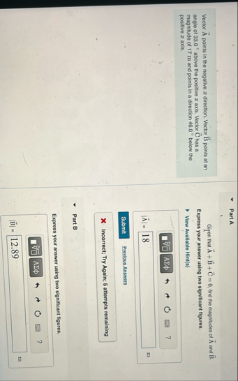 Solved Part AVector vec(A) ﻿points in the negative x | Chegg.com