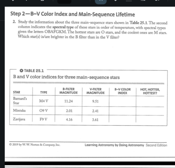 Solved Step 2-B-V Color Index and Main-Sequence Lifetime 2. | Chegg.com