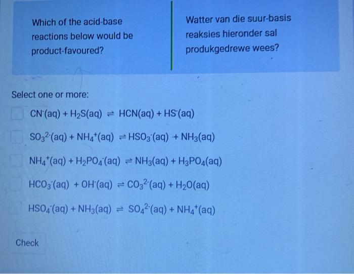 Solved Which of the acid-base Watter van die suur-basis | Chegg.com