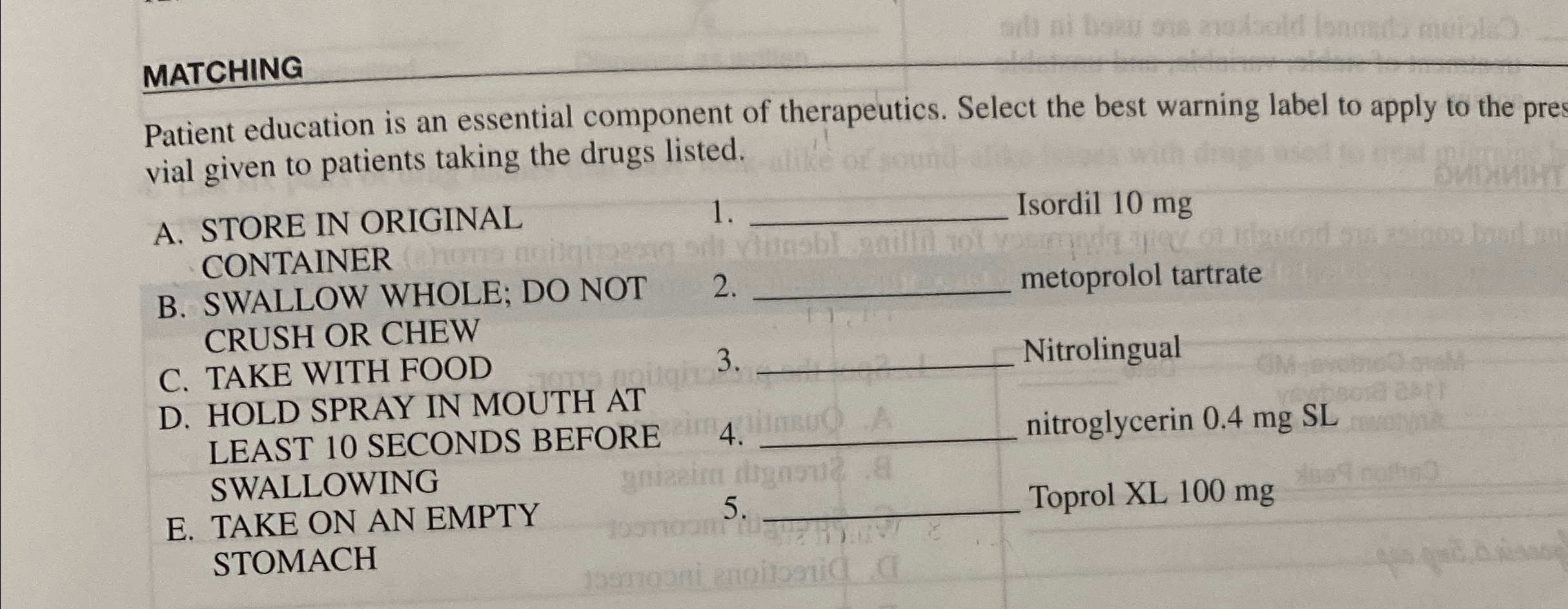Solved MATCHINGPatient education is an essential component | Chegg.com