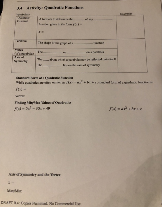 Solved Examples 3.4 Activity: Quadratic Functions Vocabulary | Chegg.com
