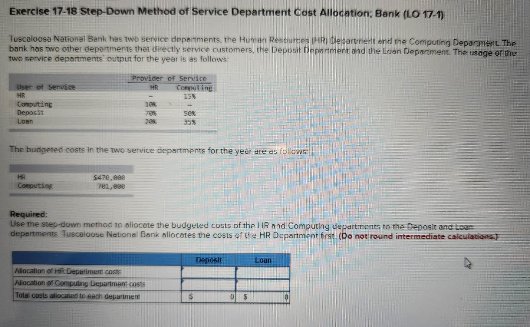Solved Exercise 17-18 Step-Down Method of Service Department | Chegg.com