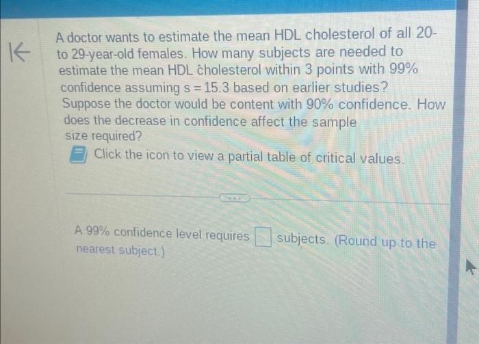 Solved A doctor wants to estimate the mean HDL cholesterol | Chegg.com