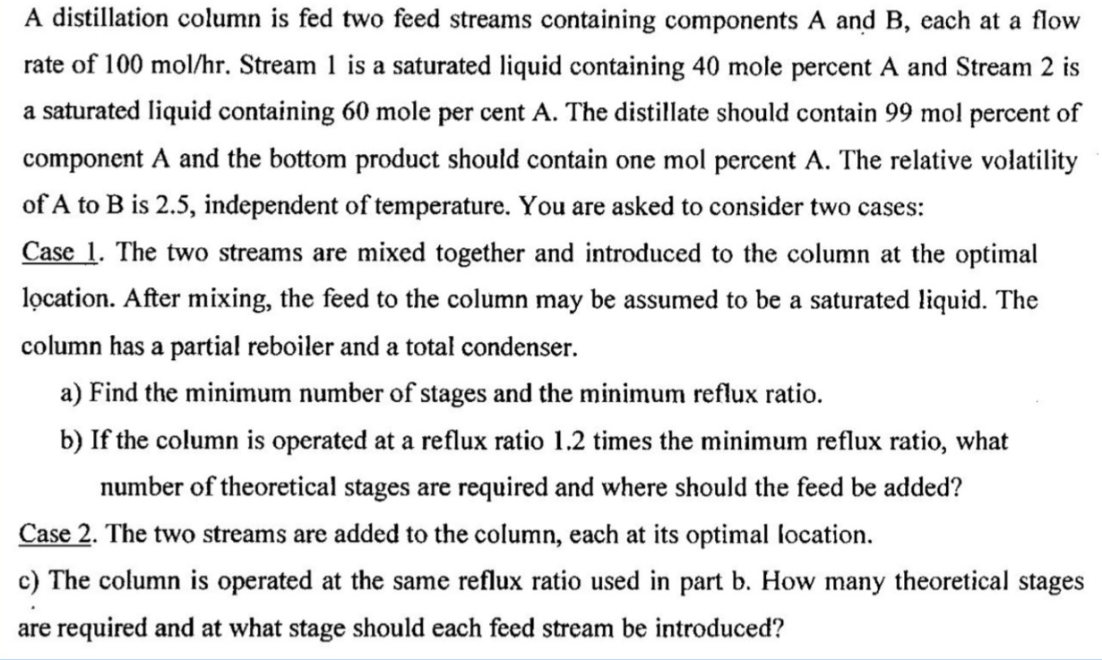 Solved A distillation column is fed two feed streams | Chegg.com
