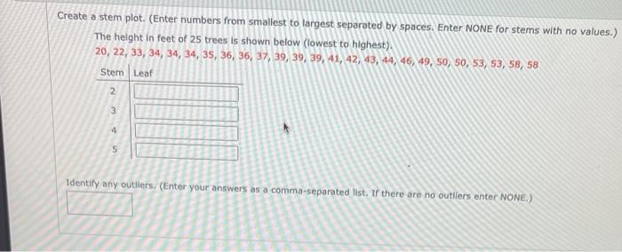 Solved Create a stem plot. (Enter numbers from smallest to | Chegg.com