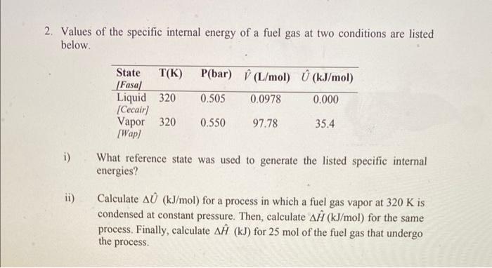 Solved 2. Values of the specific internal energy of a fuel | Chegg.com
