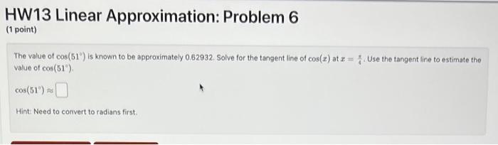 Solved HW13 Linear Approximation: Problem 6 (1 point) The | Chegg.com